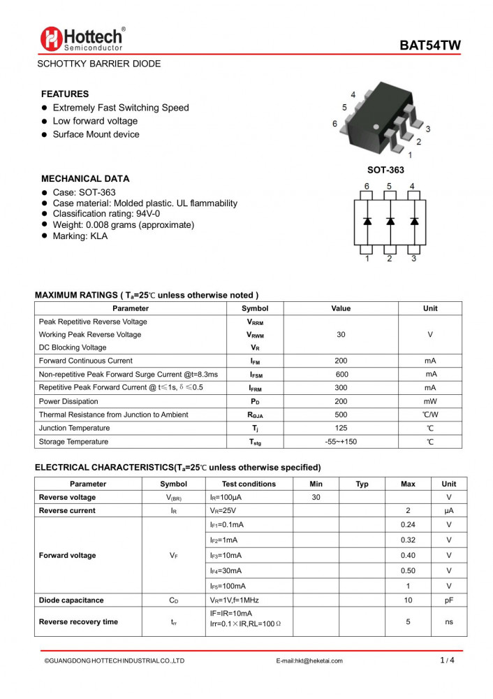BAT54TW datasheet page 1