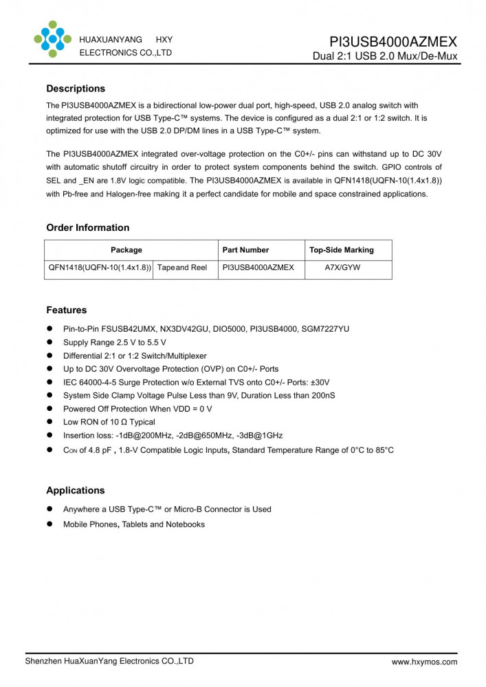 PI3USB4000AZMEX-HXY datasheet page 1