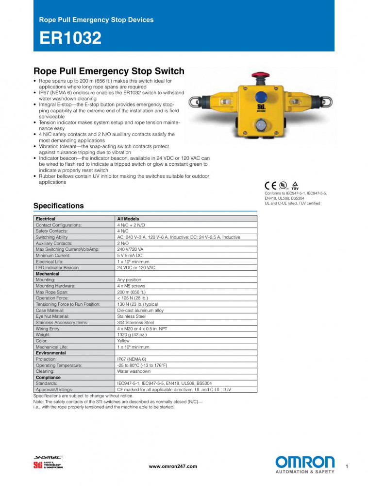 ER1032 rope pull emergency stop switch documentation, page 1