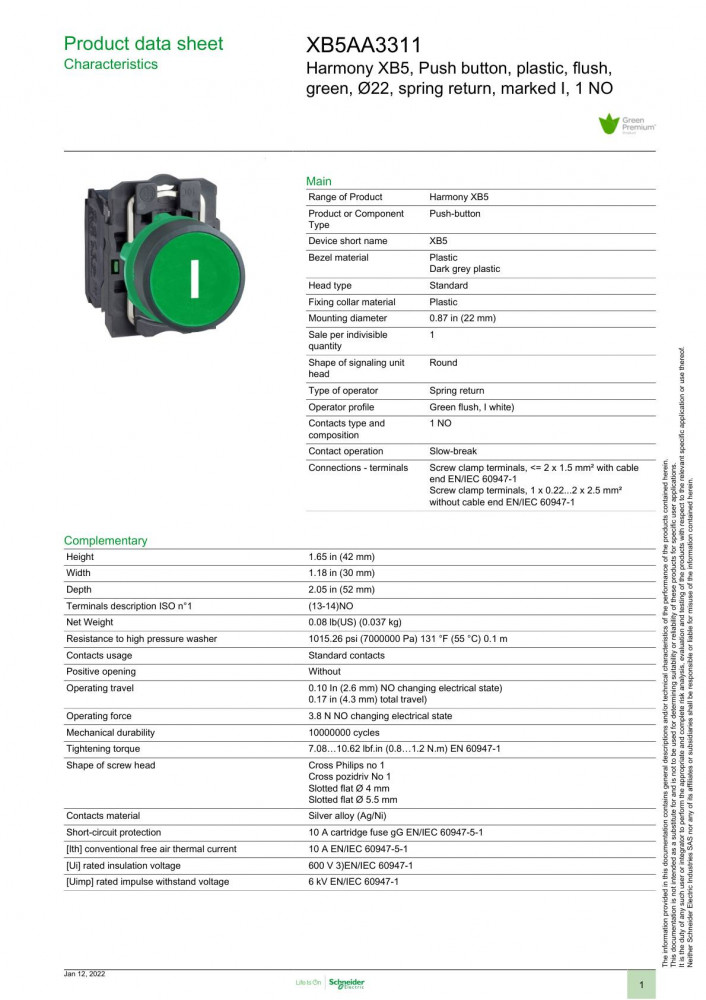 XB5AA3311 technical document page 1