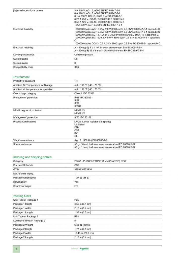 XB5AA3311 technical document page 2