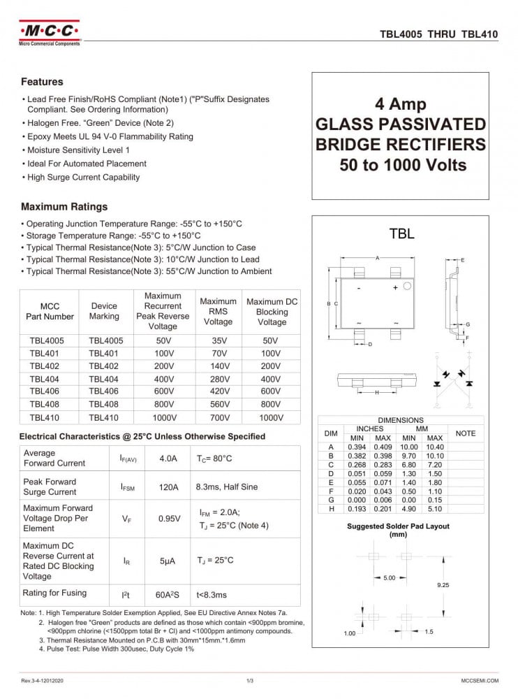 MCC TBL410-TP datasheet page 1