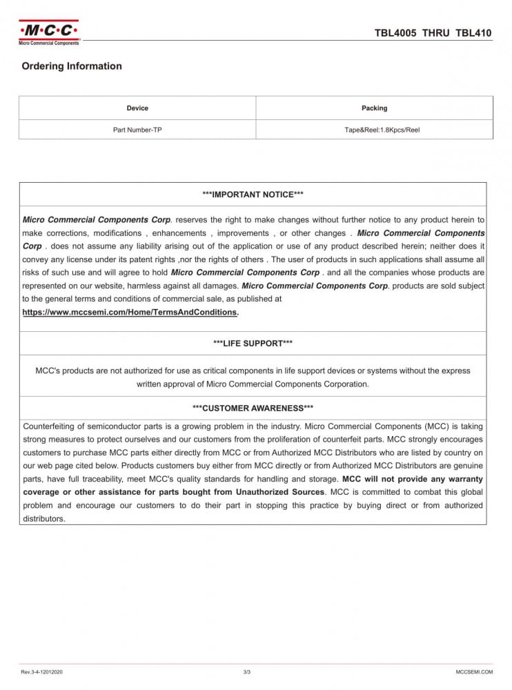 MCC TBL410-TP datasheet page 3