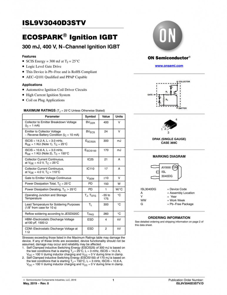 ISL9V3040D3STV datasheet page 1