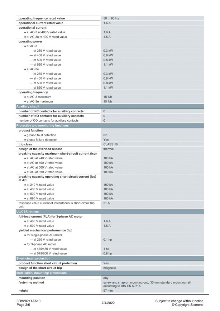 3RV20211AA10 datasheet page 2