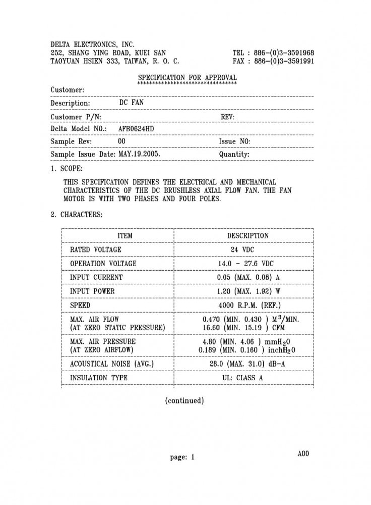 AFB0624HD specification page 1