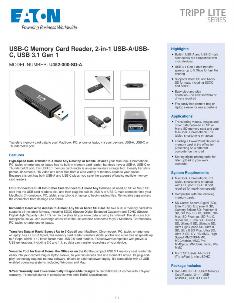 U452-000-SD-A product document page 1