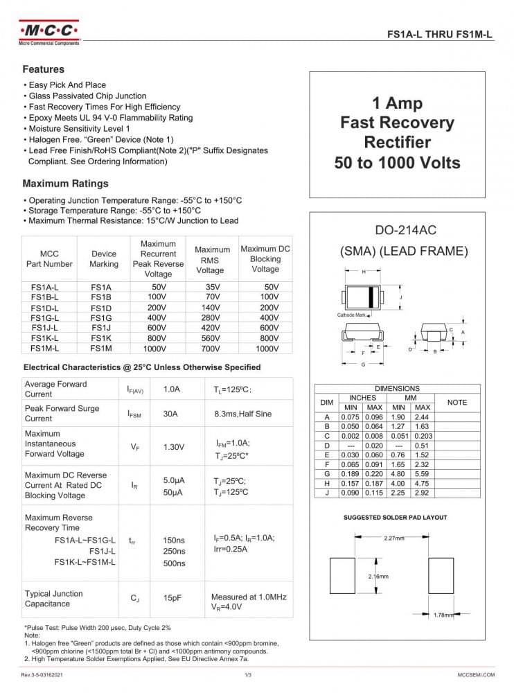 MCC FS1D-LTP datasheet page 1