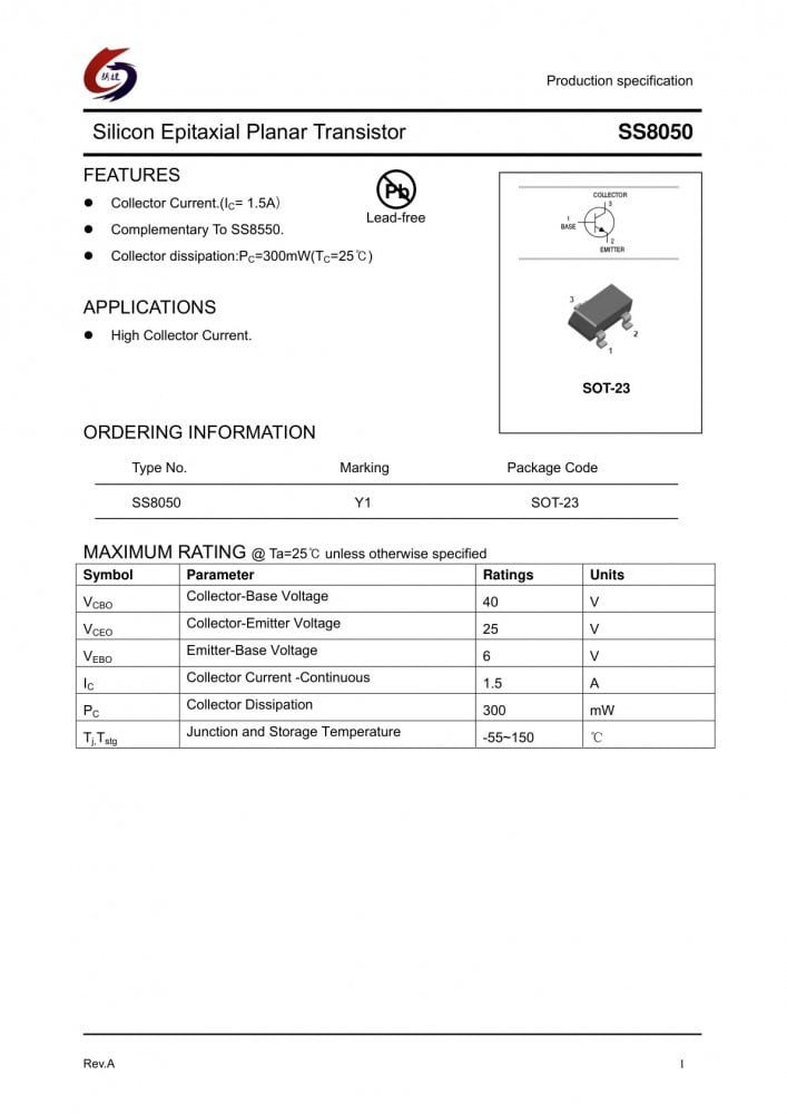 SS8050 datasheet page 1