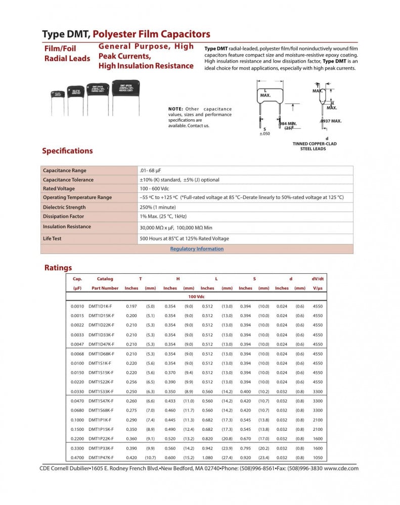 Cornell Dubilier DMT series datasheet page 1