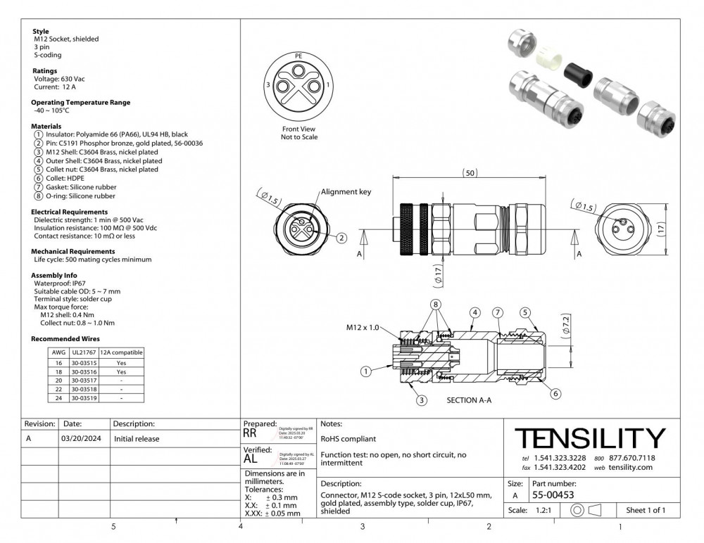 Tensility International 55-00453 M12 S-code 3-pin shielded socket product drawing
