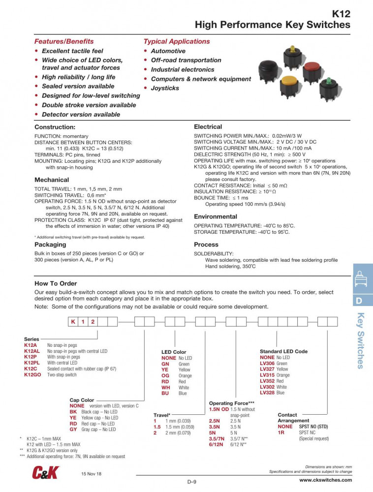 C&K K12 series datasheet page 1