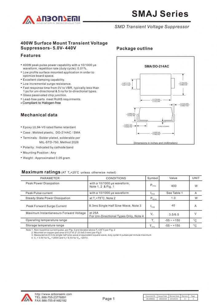 SMAJ10CA datasheet page 1