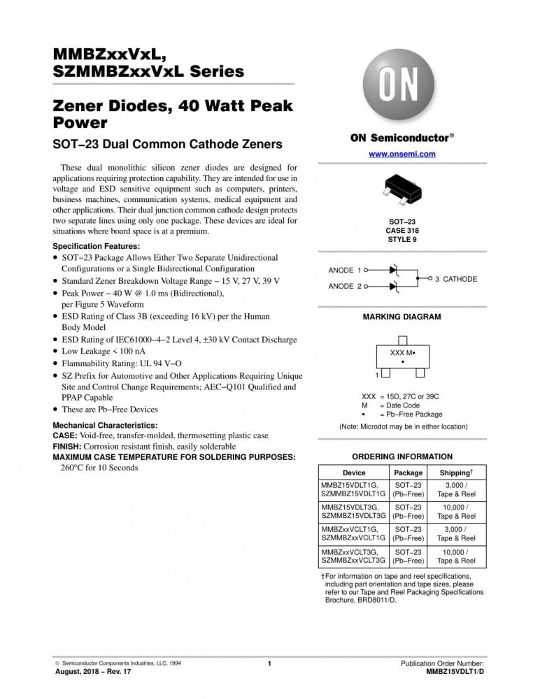 SZMMBZ39VCLT1G datasheet page 1