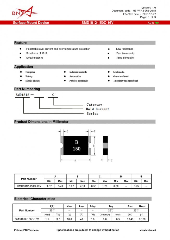 BNstar SMD1812-150C-16V datasheet page 1