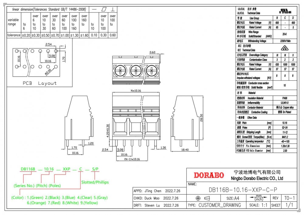 DORABO DB116B-10.16-3P-GN-P technical drawing