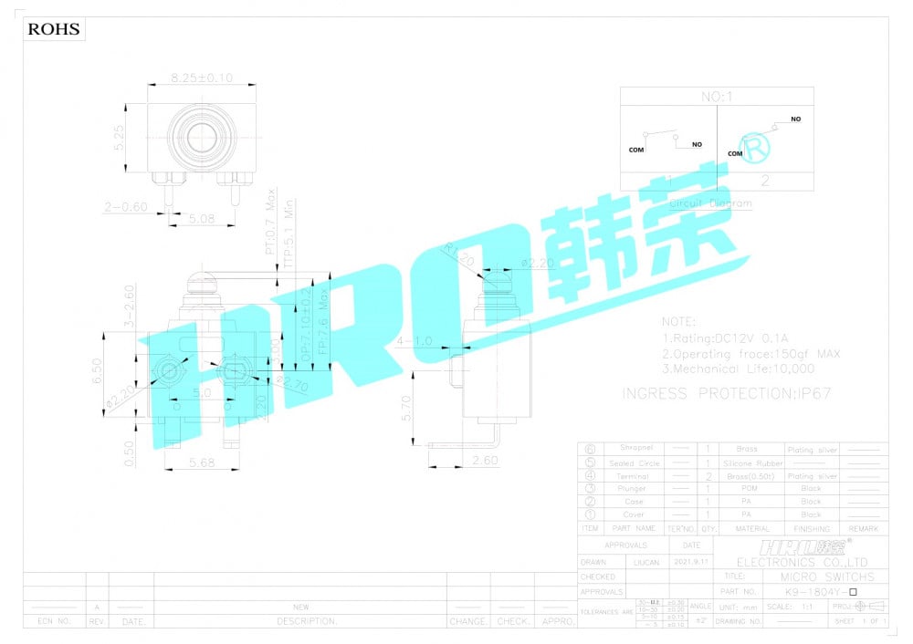 K9-1804Y-01 micro switch technical drawing