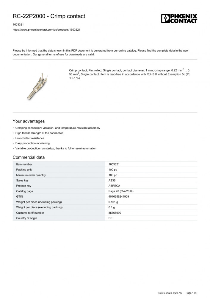 Phoenix Contact 1603321 technical document page 1