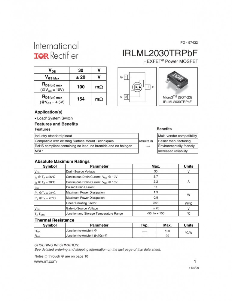 IRLML2030TRPBF datasheet page 1