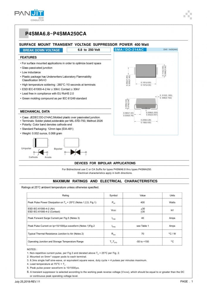 PANJIT P4SMA series datasheet page 1