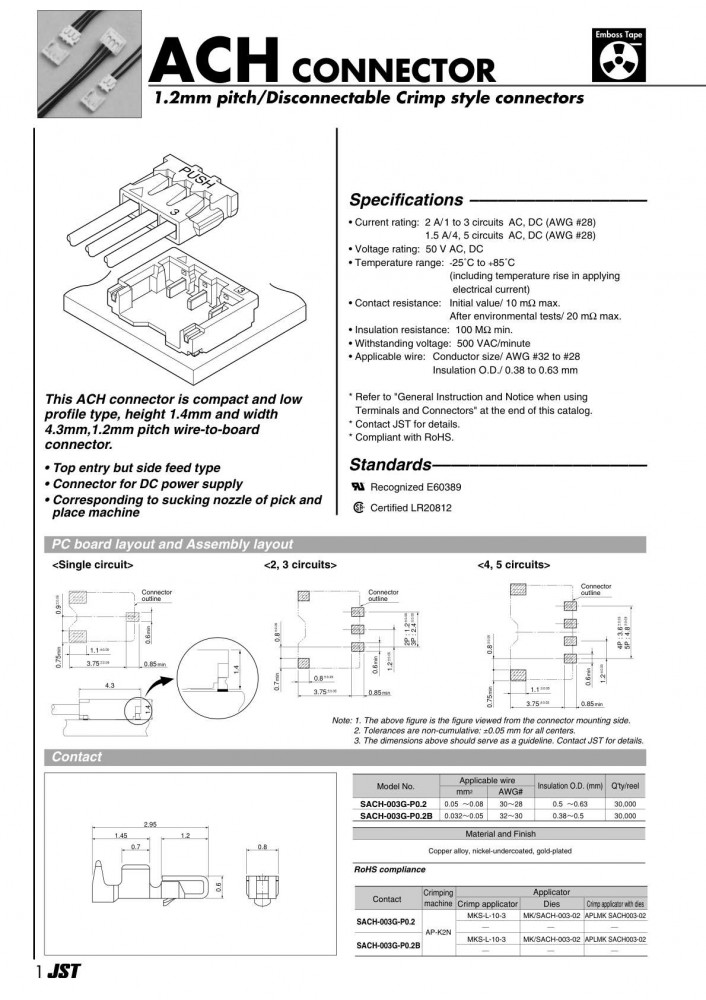 JST ACH series connector technical document page 1