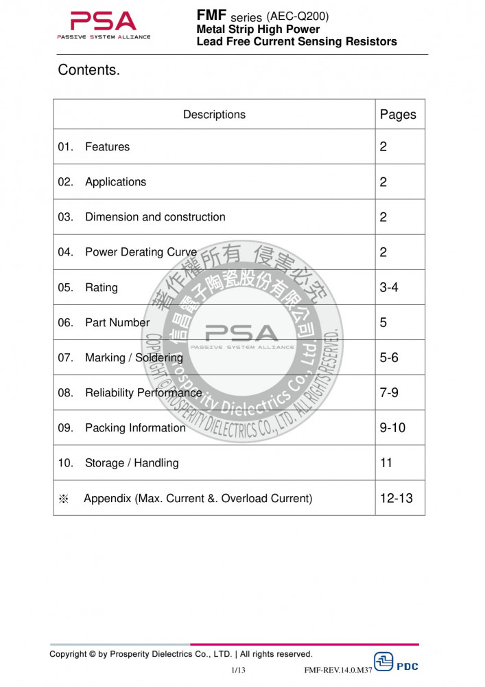 PSA FMF series specification page 2