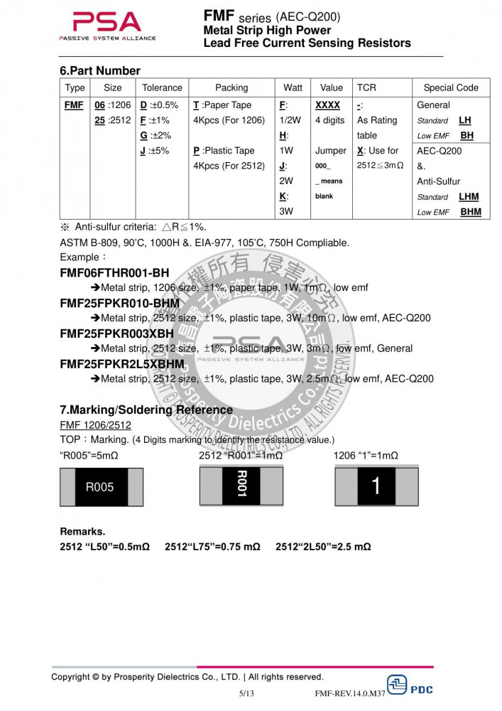 PSA FMF series specification page 6