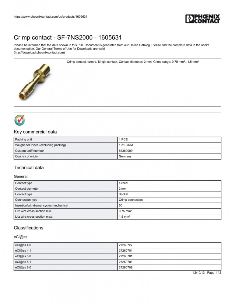 Phoenix Contact SF-7NS2000 1605631 product data page 1