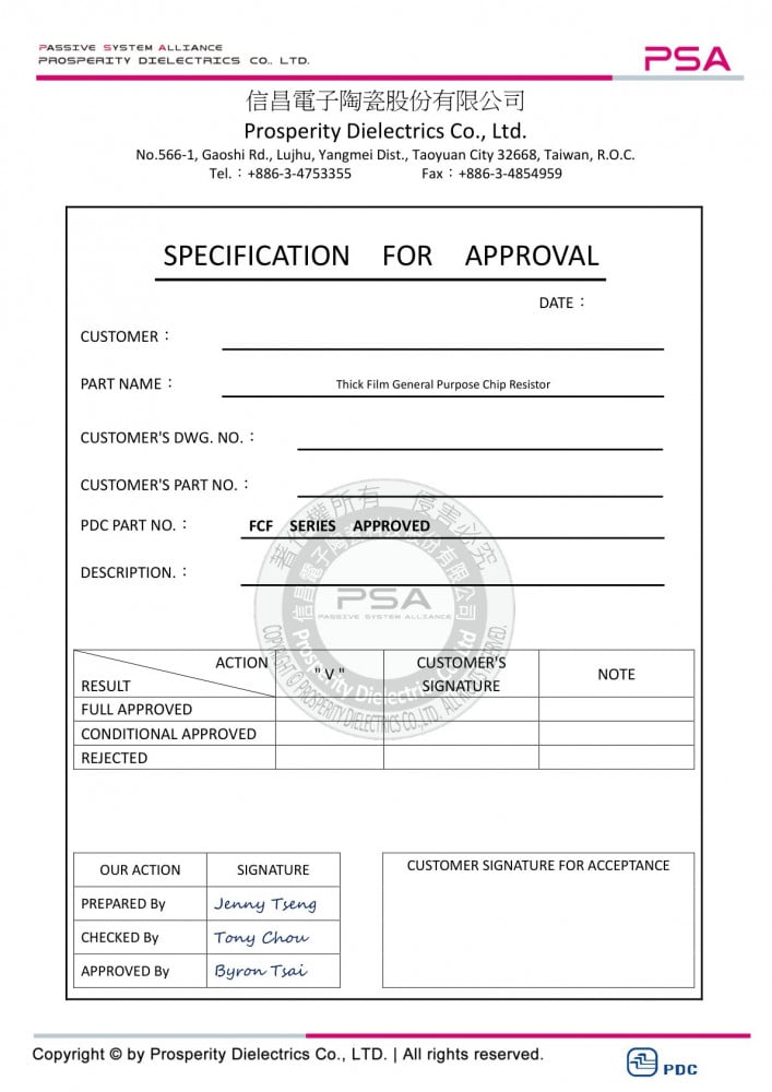 PSA FCF series datasheet page 1