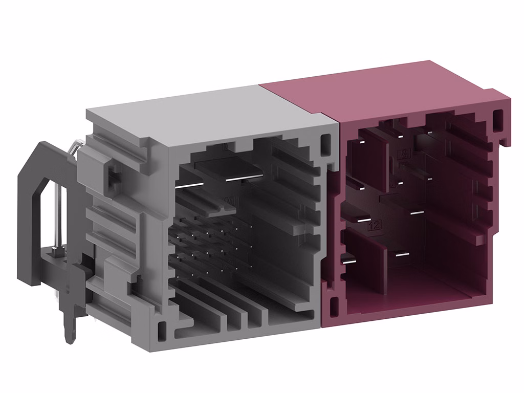 stAK50h 2 Bay Right-Angle Hybrid Header, 64 Circuits, Bay 1: 32 Circuits/Key 3/Dark Gray; Bay 2: 32 Circuits/Key 4/Purple; Tray