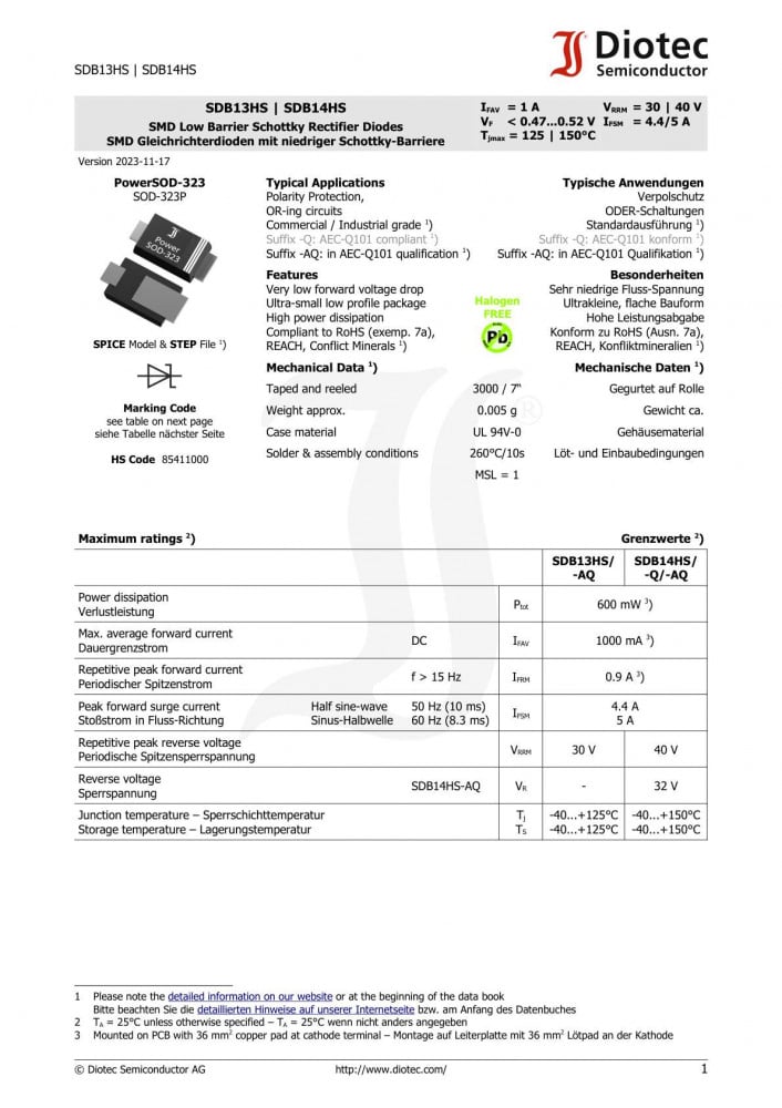 DIOTEC SDB13HS datasheet page 1