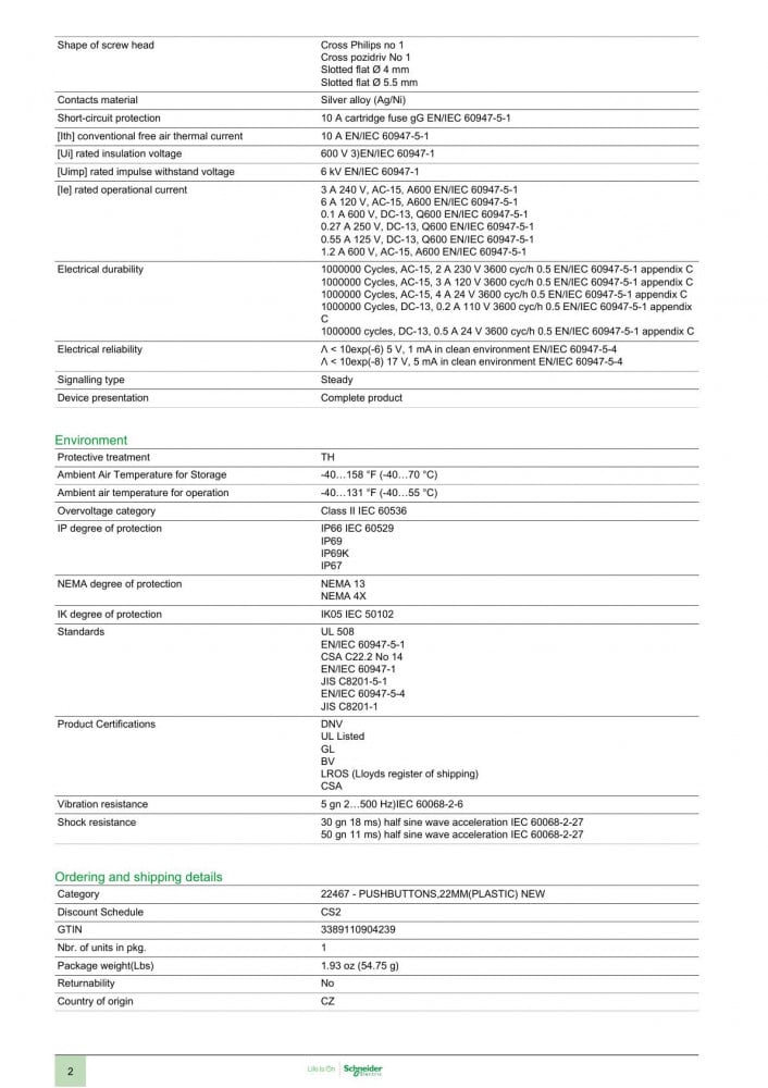XB5AW3565 technical document page 2