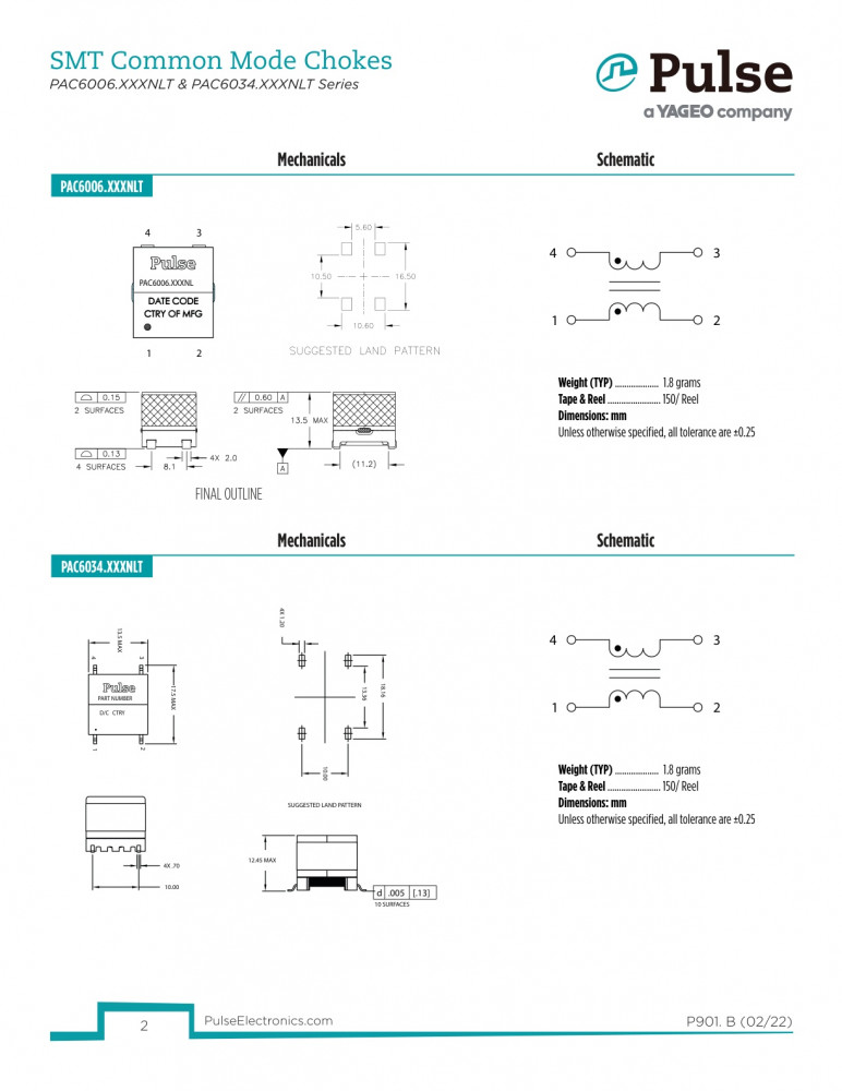 PAC6034 mechanical drawing and suggested land pattern