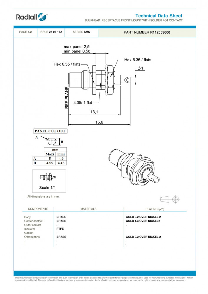Radiall R112553000 SMC connector technical drawing, page 1