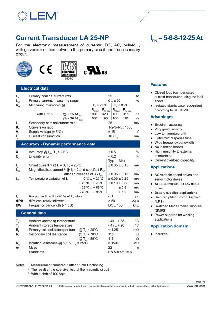 LEM LA25-NP datasheet page 1