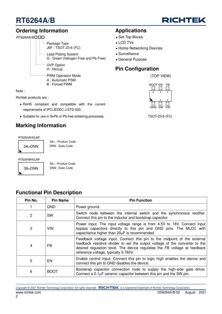 RT6264AHGJ6F datasheet page 2