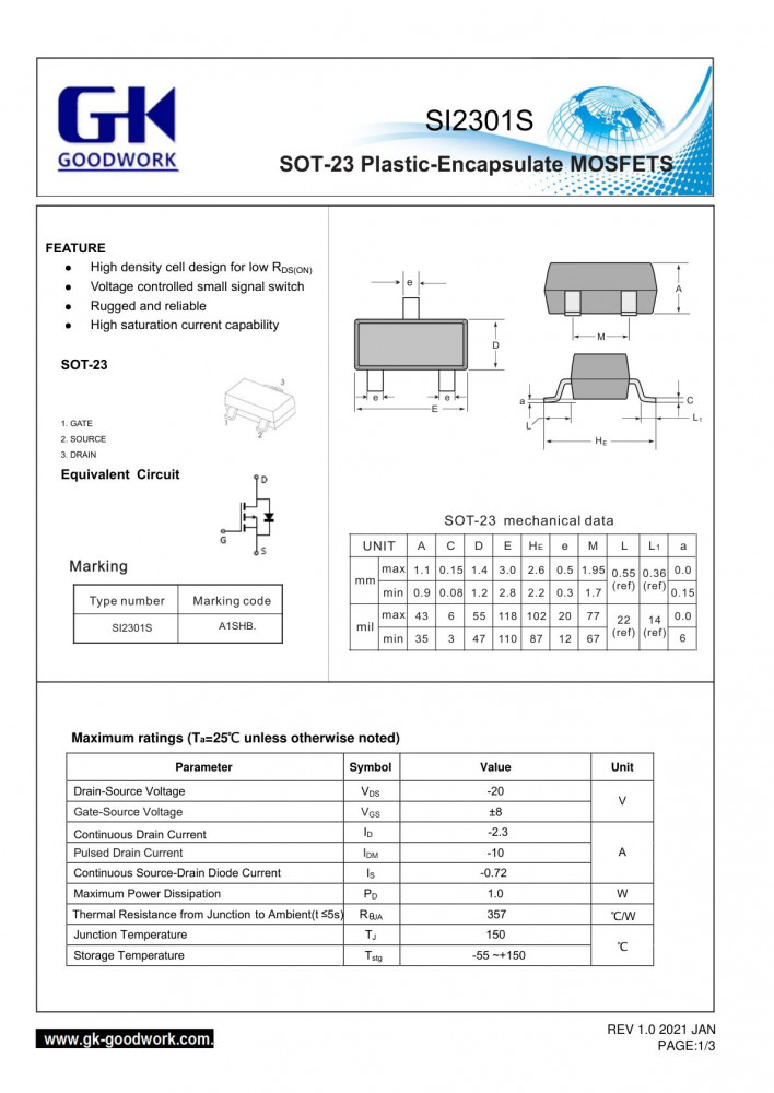SI2301S datasheet page 1