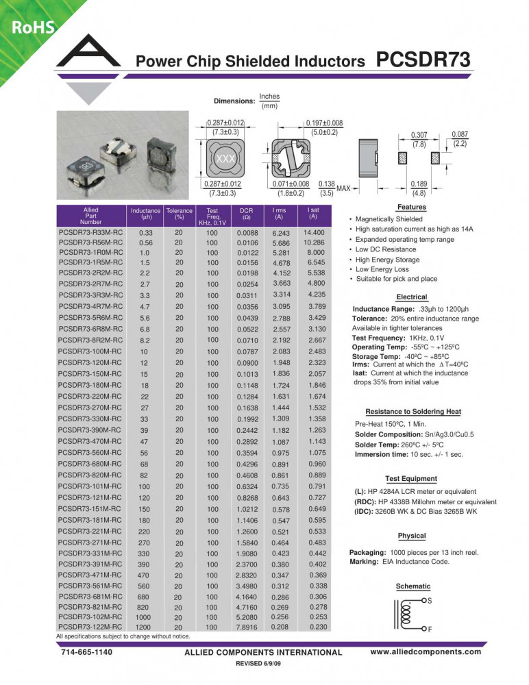 PCSDR73 series technical datasheet image