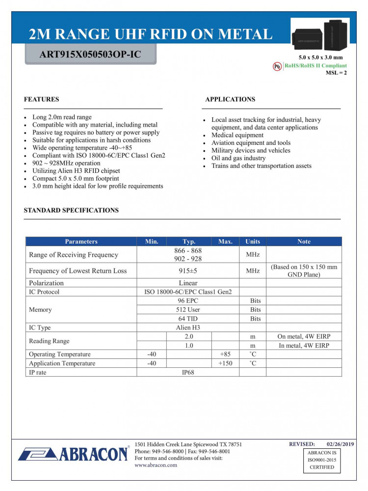 Technical document page 1 for the supplied RFID tag material
