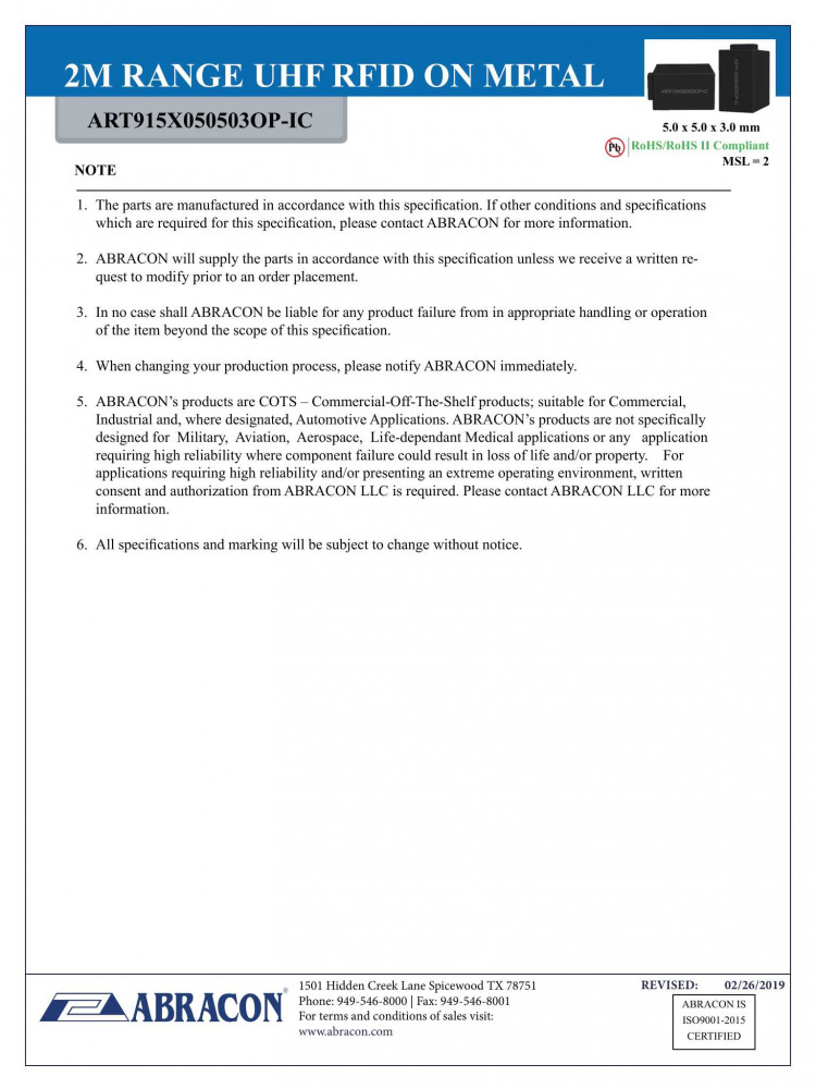 Technical document page 3 for the supplied RFID tag material