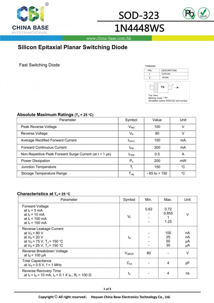 CBI 1N4448WS datasheet page 1