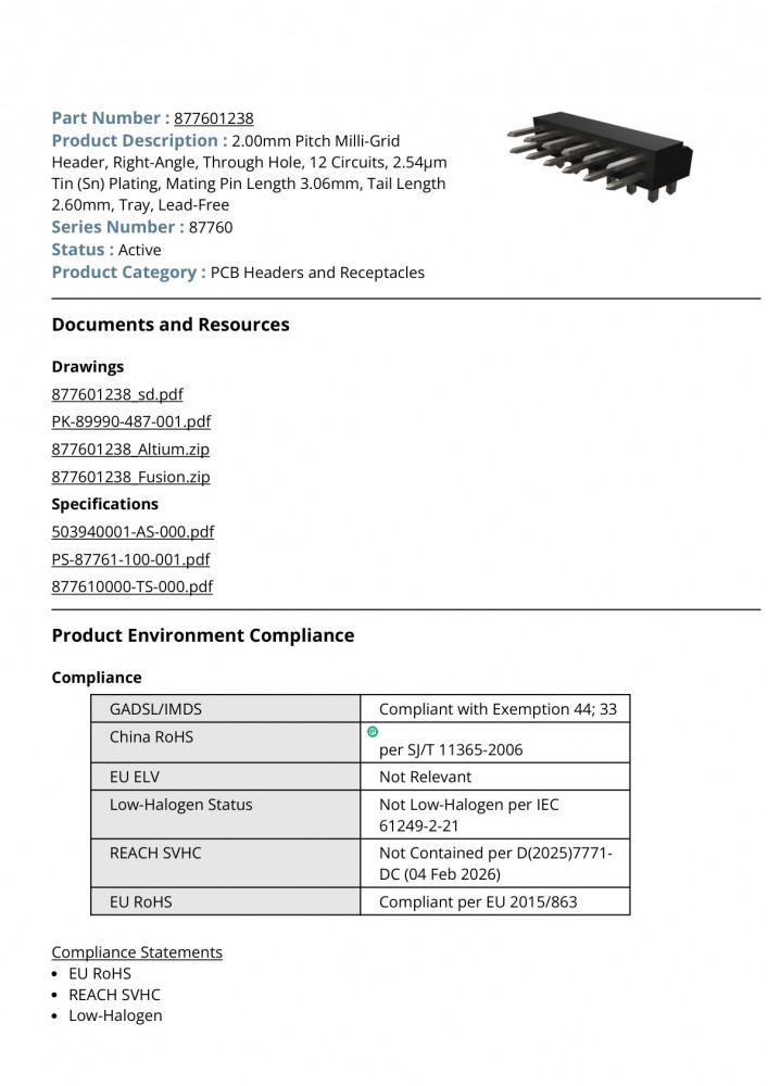 MOLEX 877601238 technical document preview, page 1