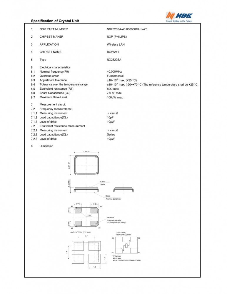 NDK NX2520SA-40.000000MHZ-W3 technical document preview