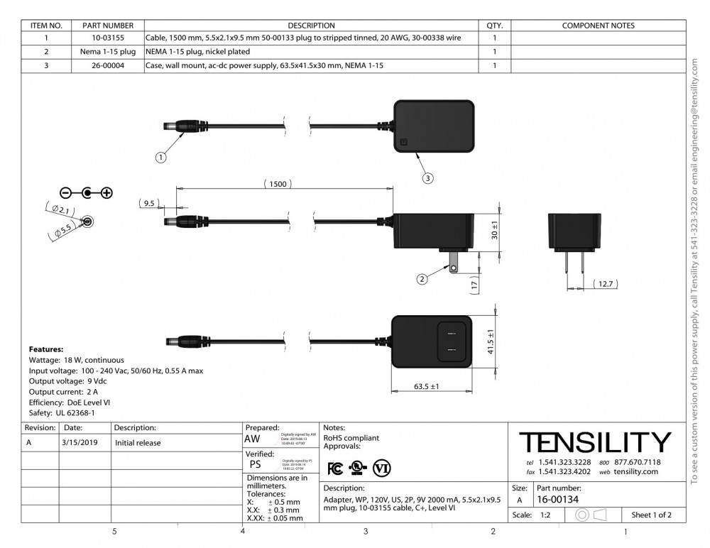 Tensility International 16-00134 adapter specification sheet, page 1