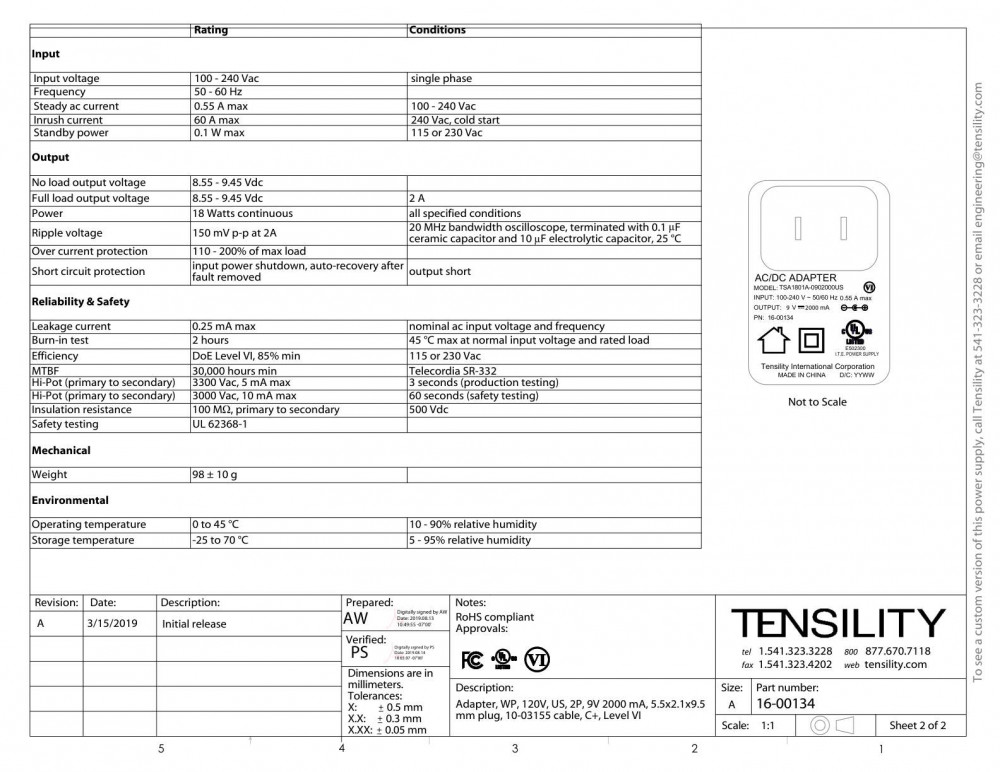 Tensility International 16-00134 adapter specification sheet, page 2