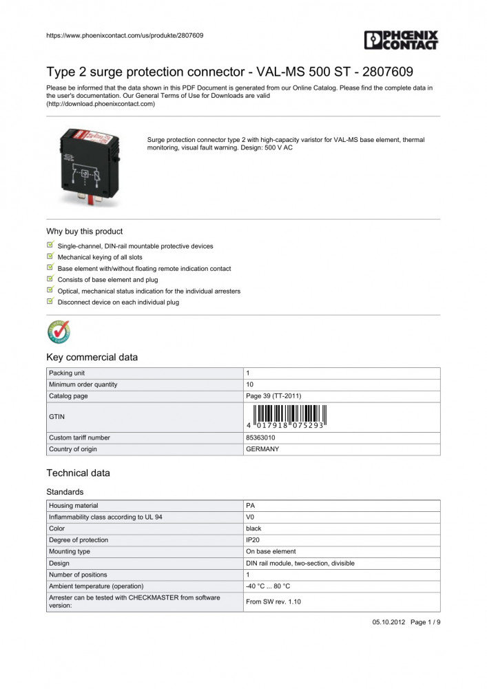 VAL-MS 500 ST 2807609 datasheet page 1