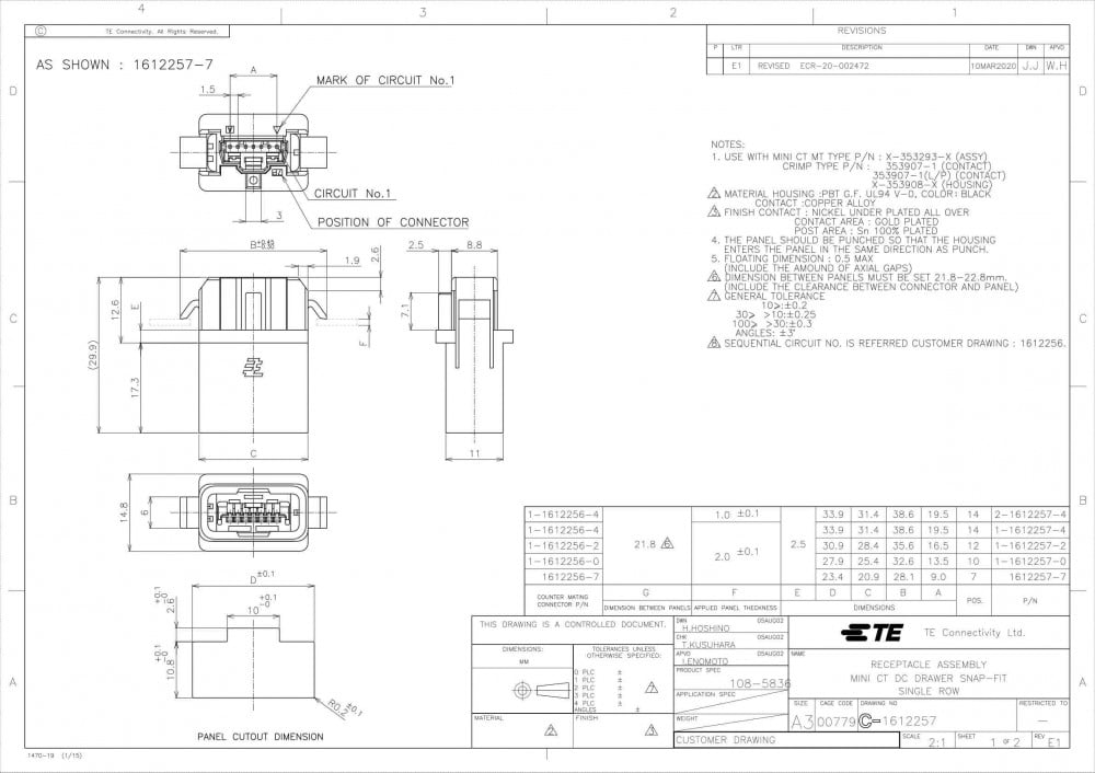 TE Connectivity 1612257-7 controlled drawing, sheet 1