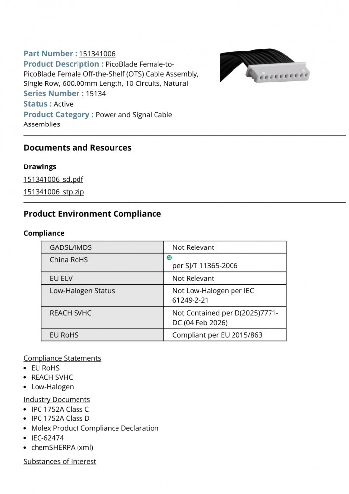 MOLEX 151341006 product document image, page 1