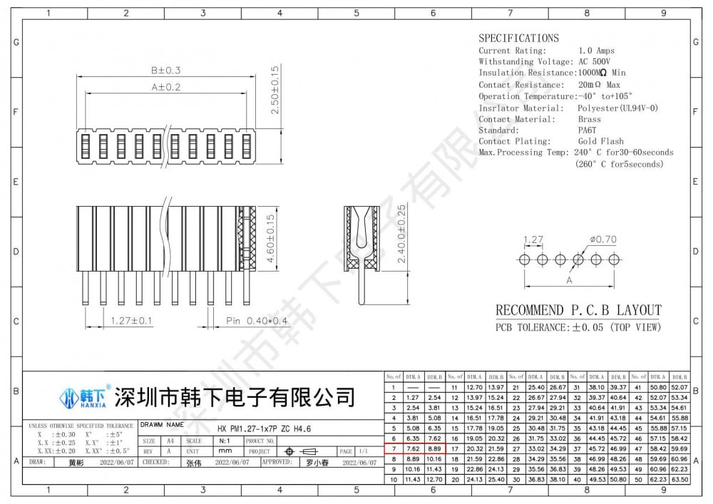 HANXIA HX PM1.27-1x7P ZC H4.6 product drawing