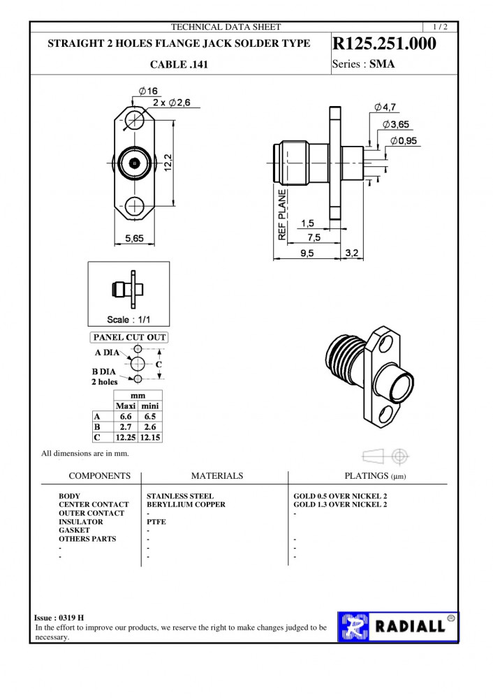 Radiall R125251000 product datasheet page 1